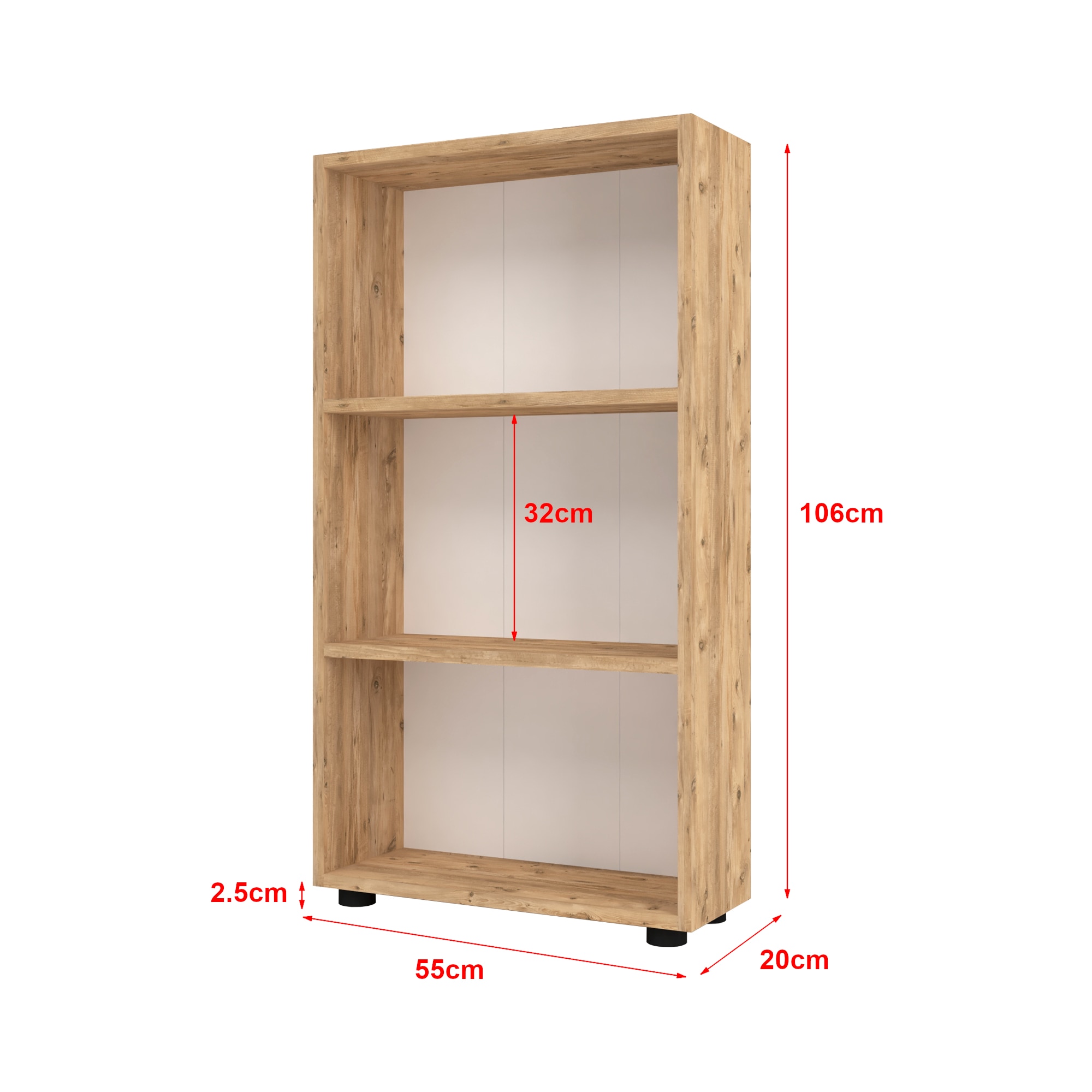 Raft pentru carti, Vara, 106 x 55 x 20 cm, pal, stejar, cu 3 polite ...