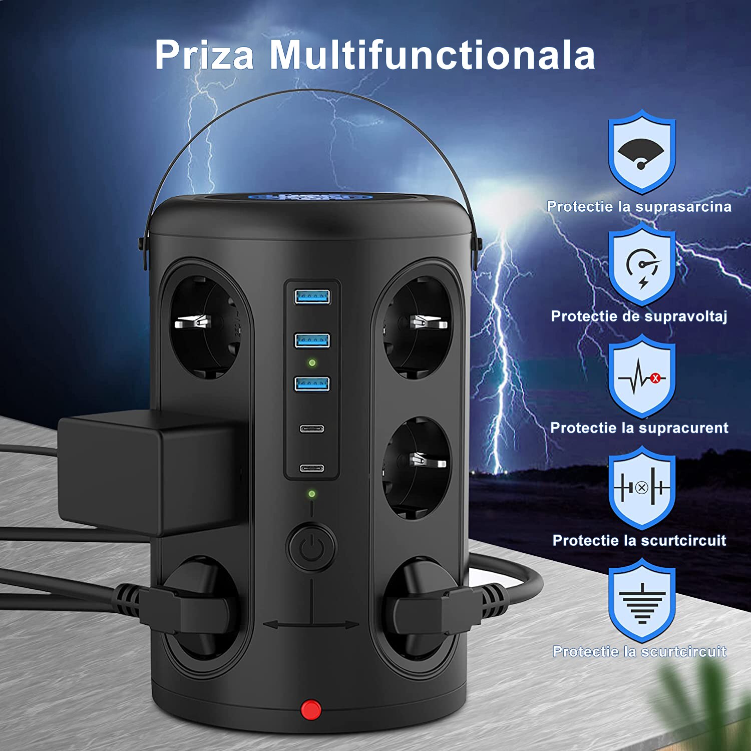 Prelungitor tip turn, SAFEMORE, 3xUSB, 2xType-C/PD Fast changer ...