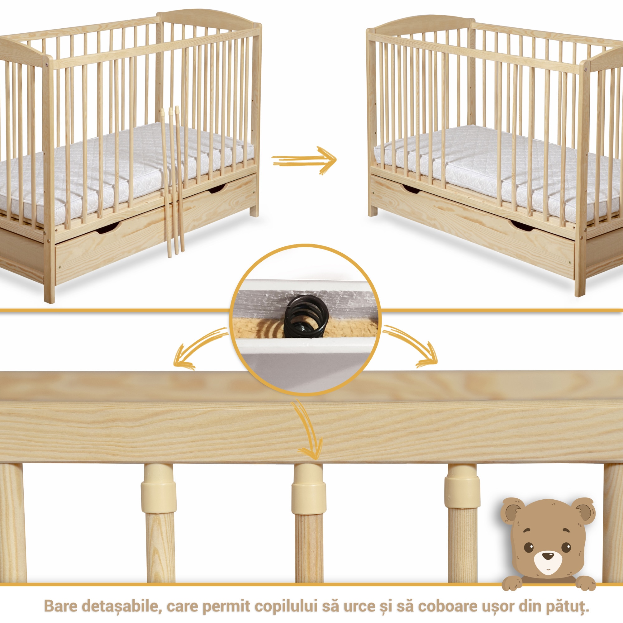 Patut pentru bebe, Ajustabil, 124x64x91x86, Fete/Baieti, Lemn, Maro ...