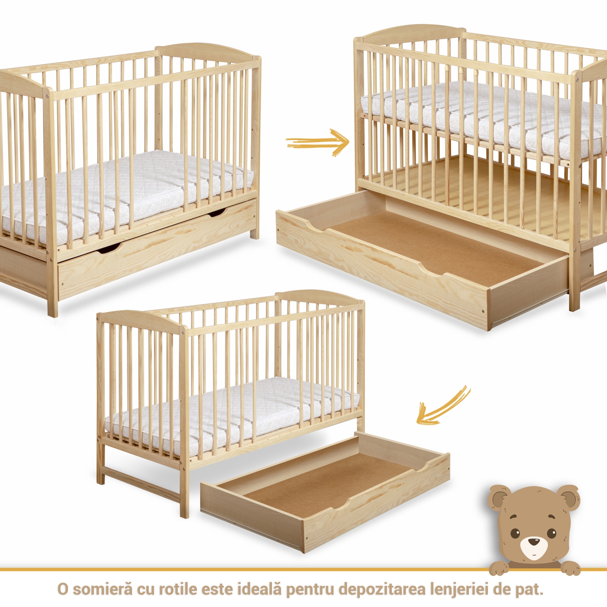 Patut pentru bebe, Ajustabil, 124x64x91x86, Fete/Baieti, Lemn, Maro ...