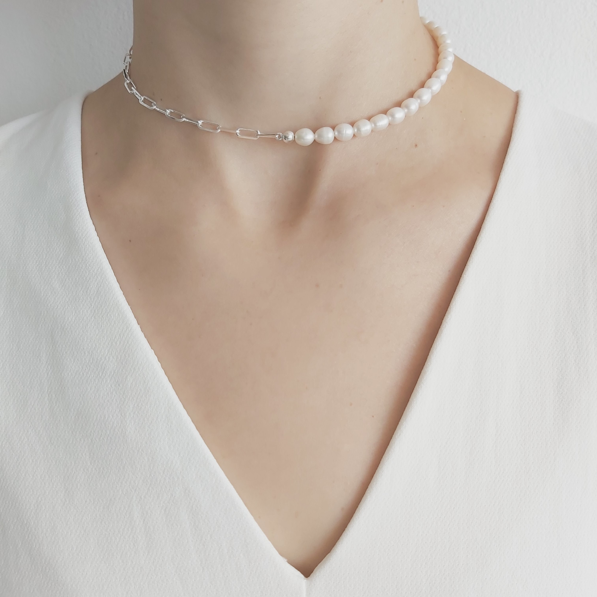 Colier argint 925 placat cu aur de 18K cu perle de cultura albe 6.5mm ...