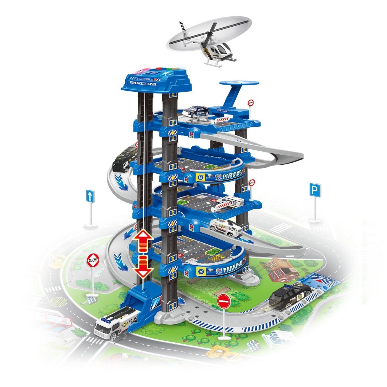 Garaj politie, 3 nivele, Plastic, Cu avioane 8 vehicule, Sunet si ...