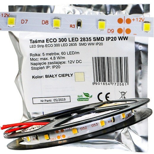 Banda 300 LED SMD 2835 24W cald IP20 12V 5 metri - eMAG.ro
