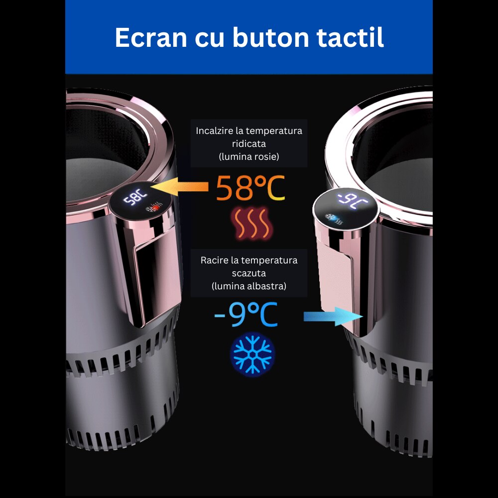 Suport pahar auto inteligent, Functie incalzire si racire 2 in 1 ...