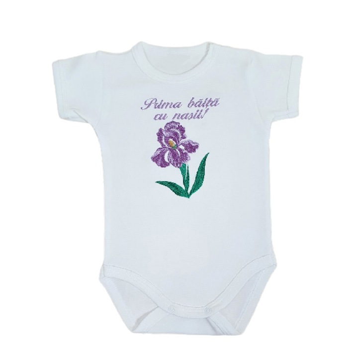 Body bebe Prima baita personalizat prin broderie, Iris, alb, bumbac 100 ...