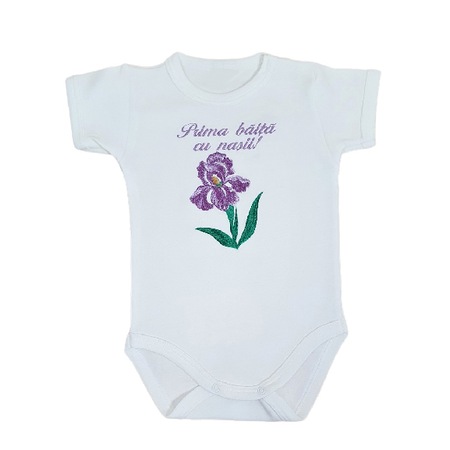 Body bebe Prima baita personalizat prin broderie, Iris, alb, bumbac 100 ...