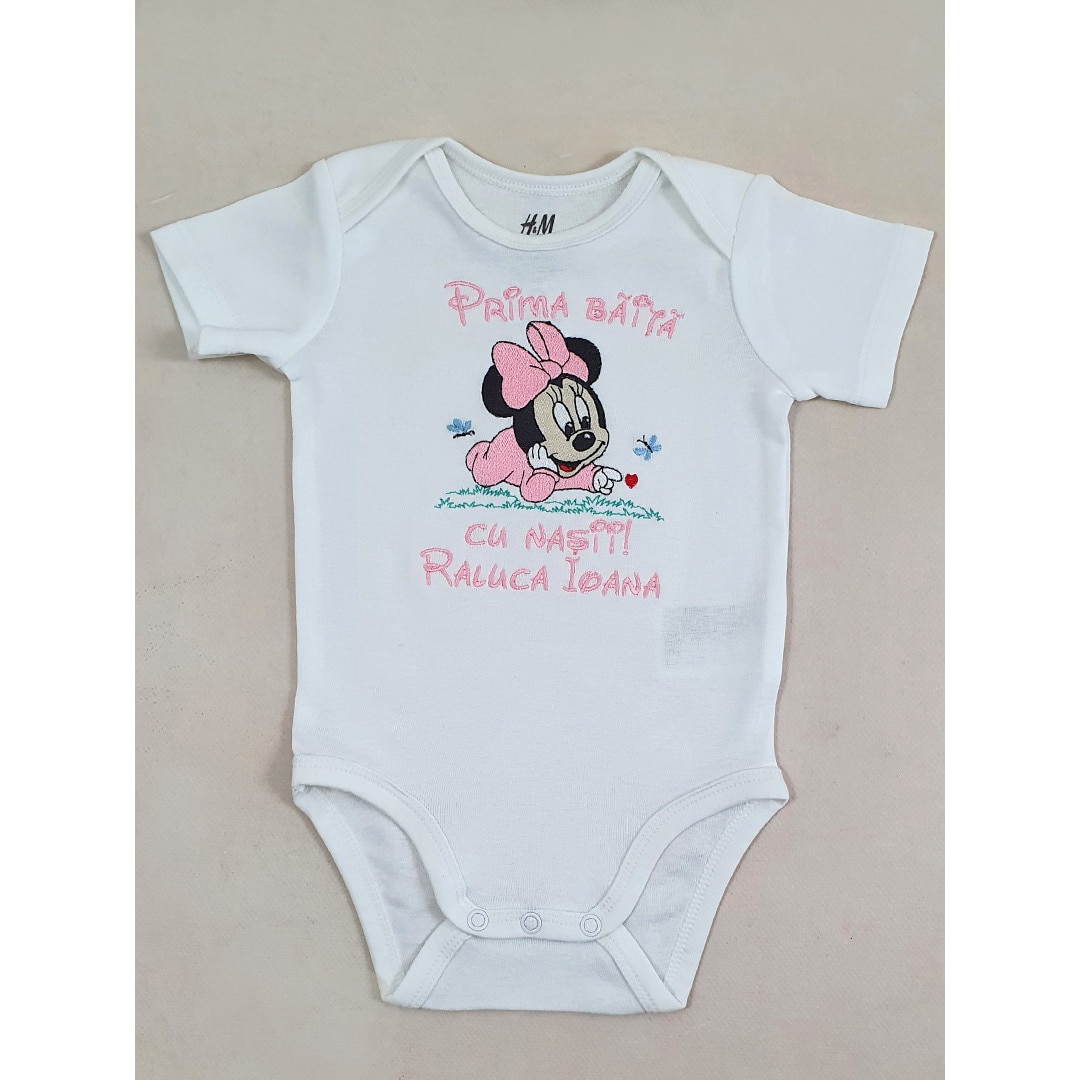 Body bebe Prima baita personalizat prin broderie, Minnie, alb, bumbac ...
