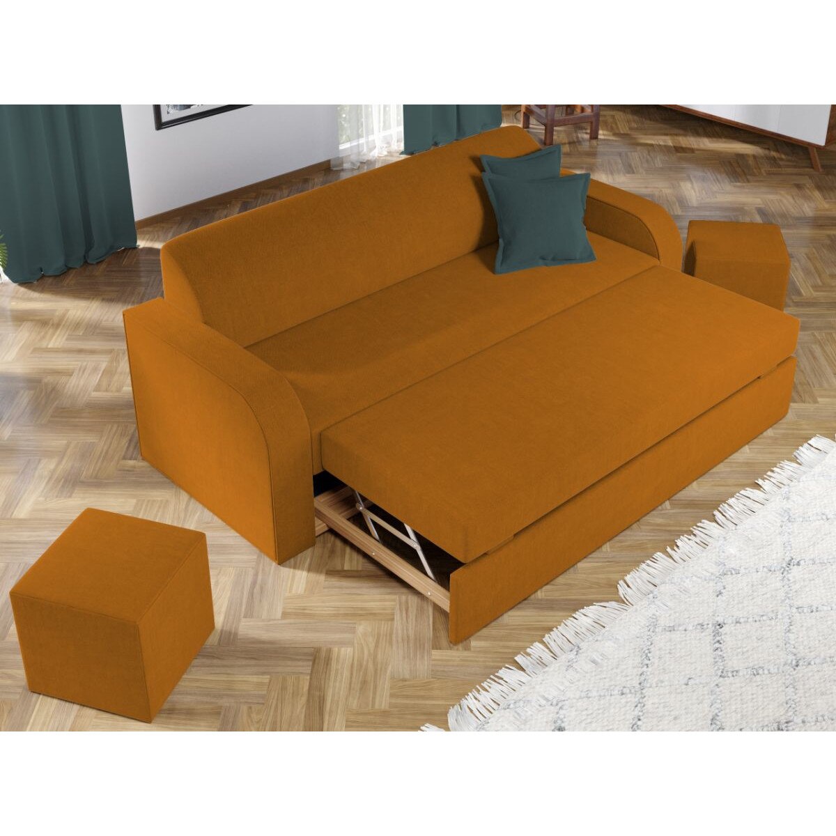 Canapea Mini, extensibila, stofa, 220 x 84 x 83 cm, Portocalie - eMAG.ro