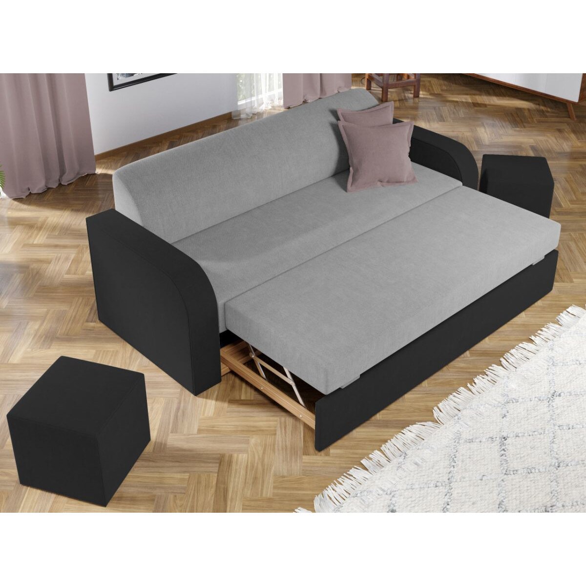 Canapea Mini, extensibila, stofa, 220 x 84 x 83 cm, Gri Deschis / Gri ...