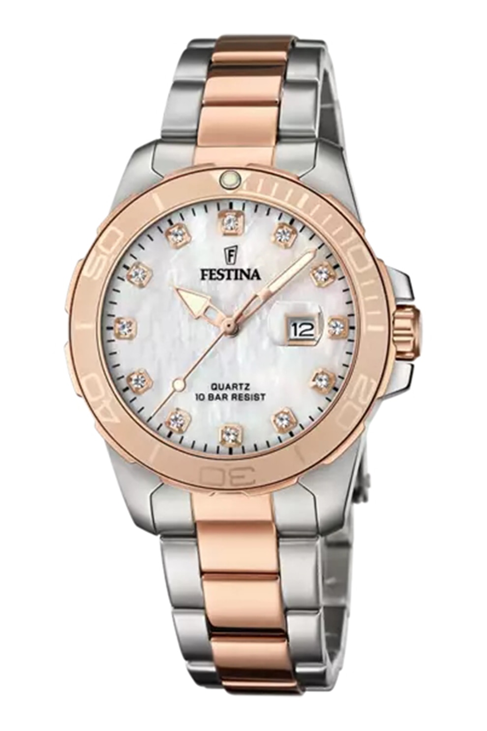 Festina, Ceas din otel inoxidabil cu model in doua nuante, Auriu rose ...
