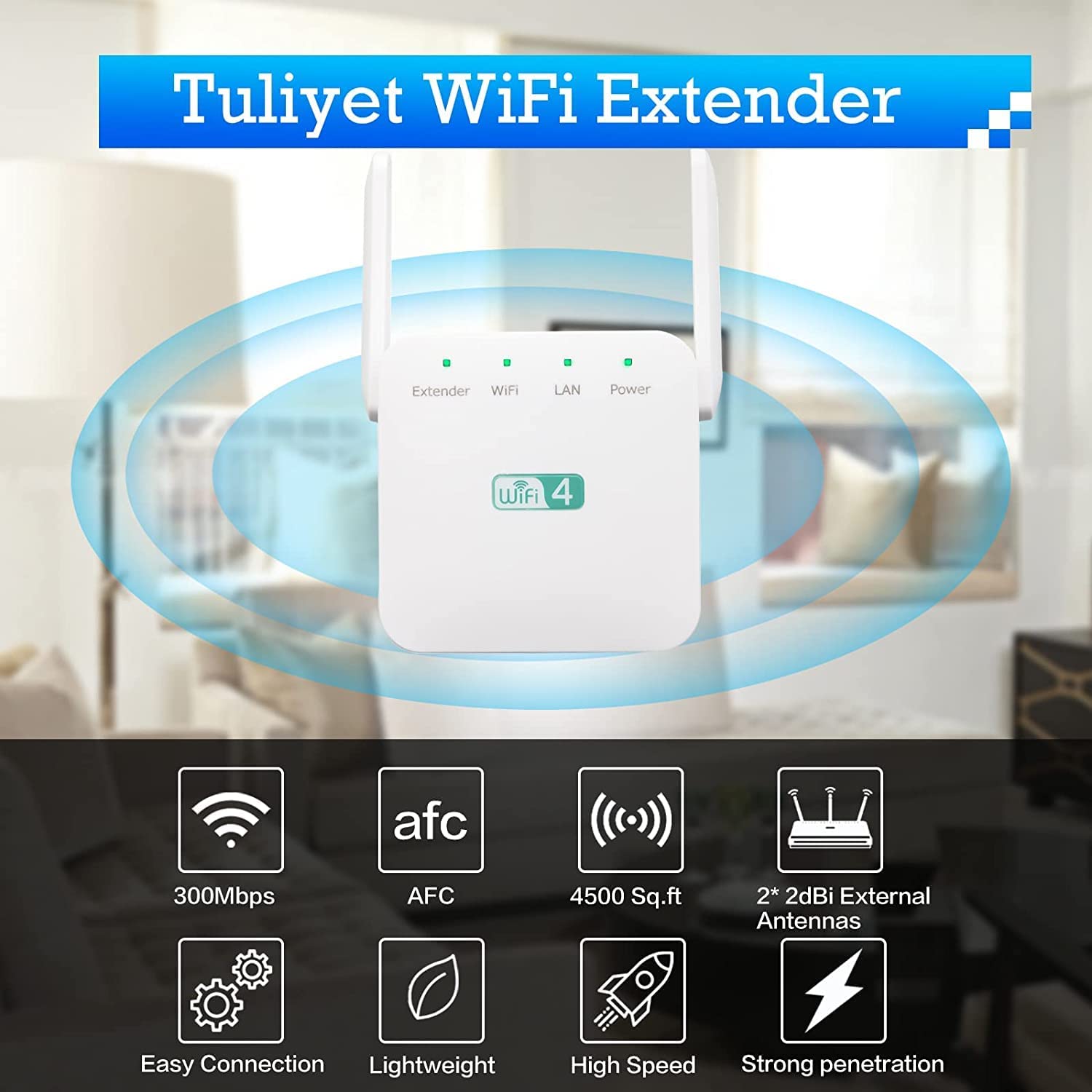 Усилвател на Wi-Fi сигнал Excitat, Бял, Покритие на 360°, 300 Mbps, 2,4 ...