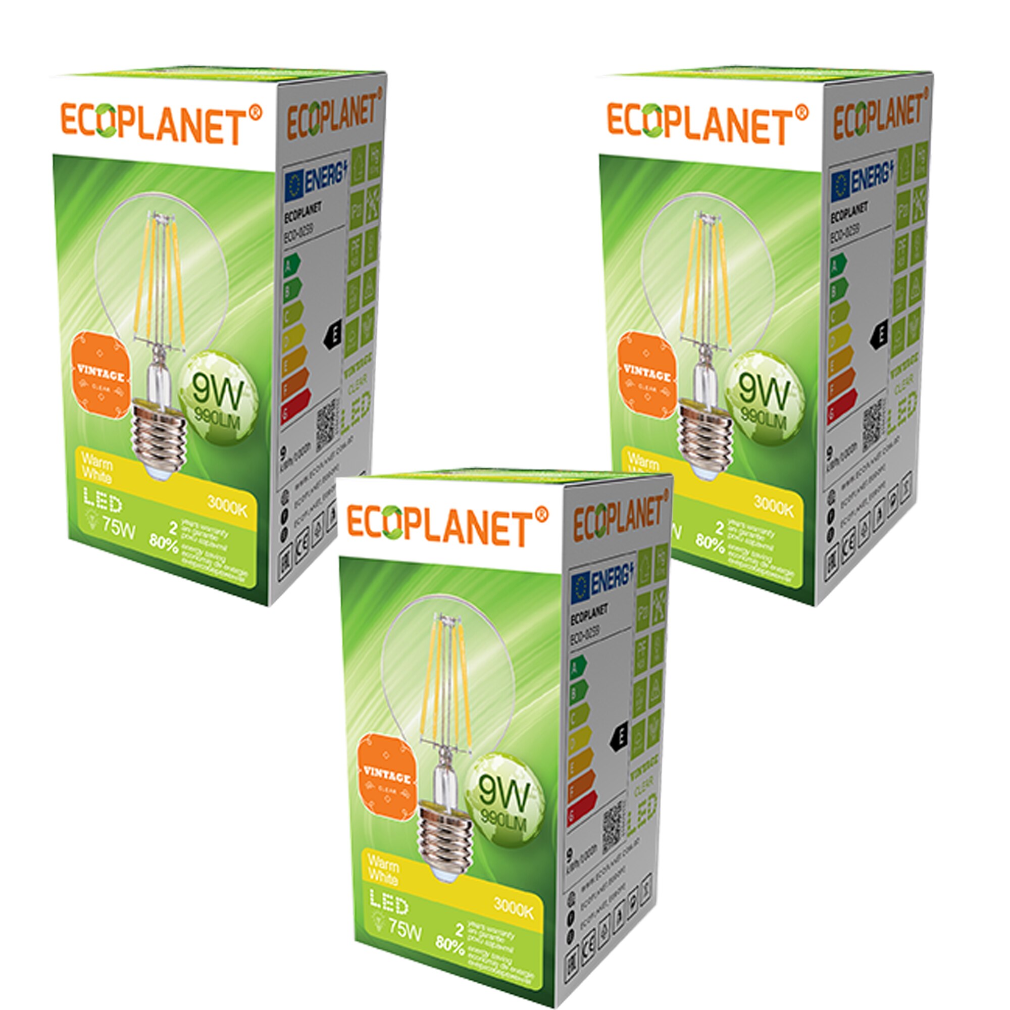 Set 3 Buc - Bec LED A60 filament Ecoplanet Vintage, E27, 9W (75W), 990 ...