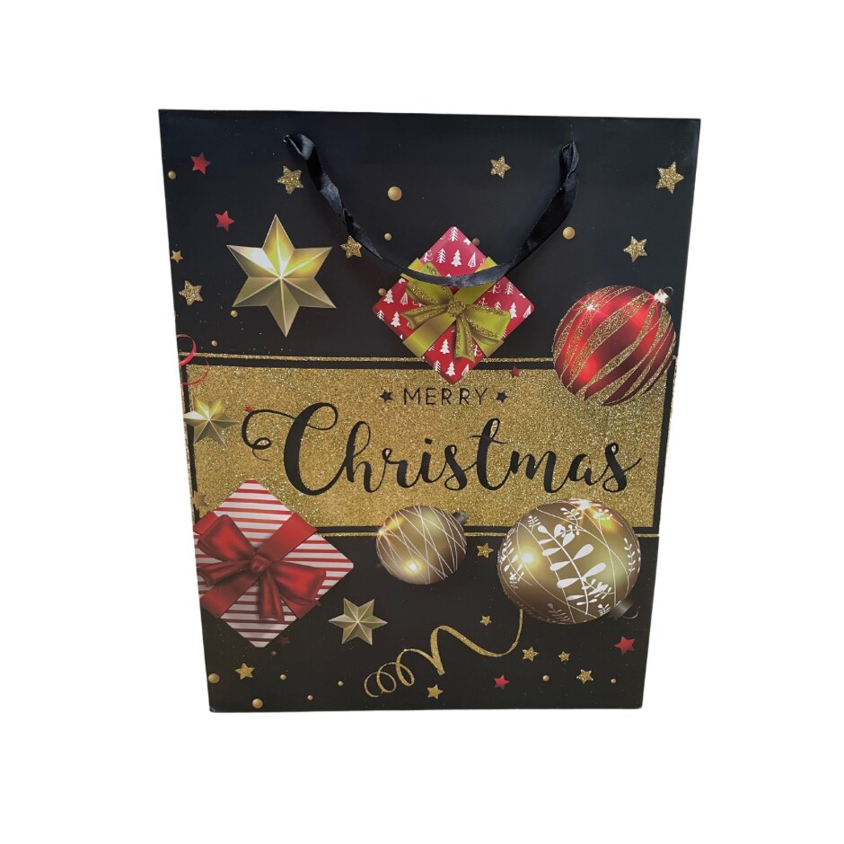 Pungi de cadou Merry Christmas, negre cu sclipici auriu, cartonate, 40 ...