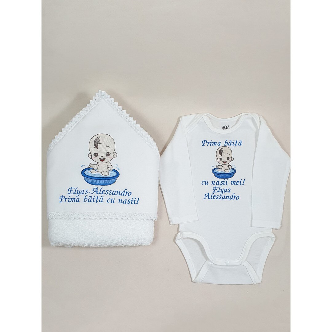 Set Prima baita personalizat prin broderie, Baietel, alb, bumbac 100% ...