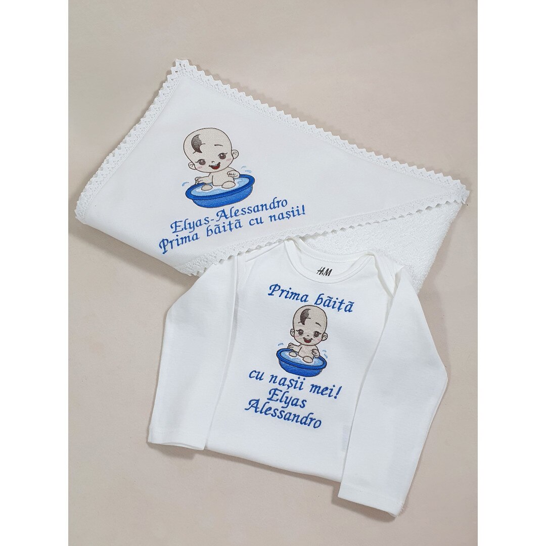 Set Prima baita personalizat prin broderie, Baietel, alb, bumbac 100% ...