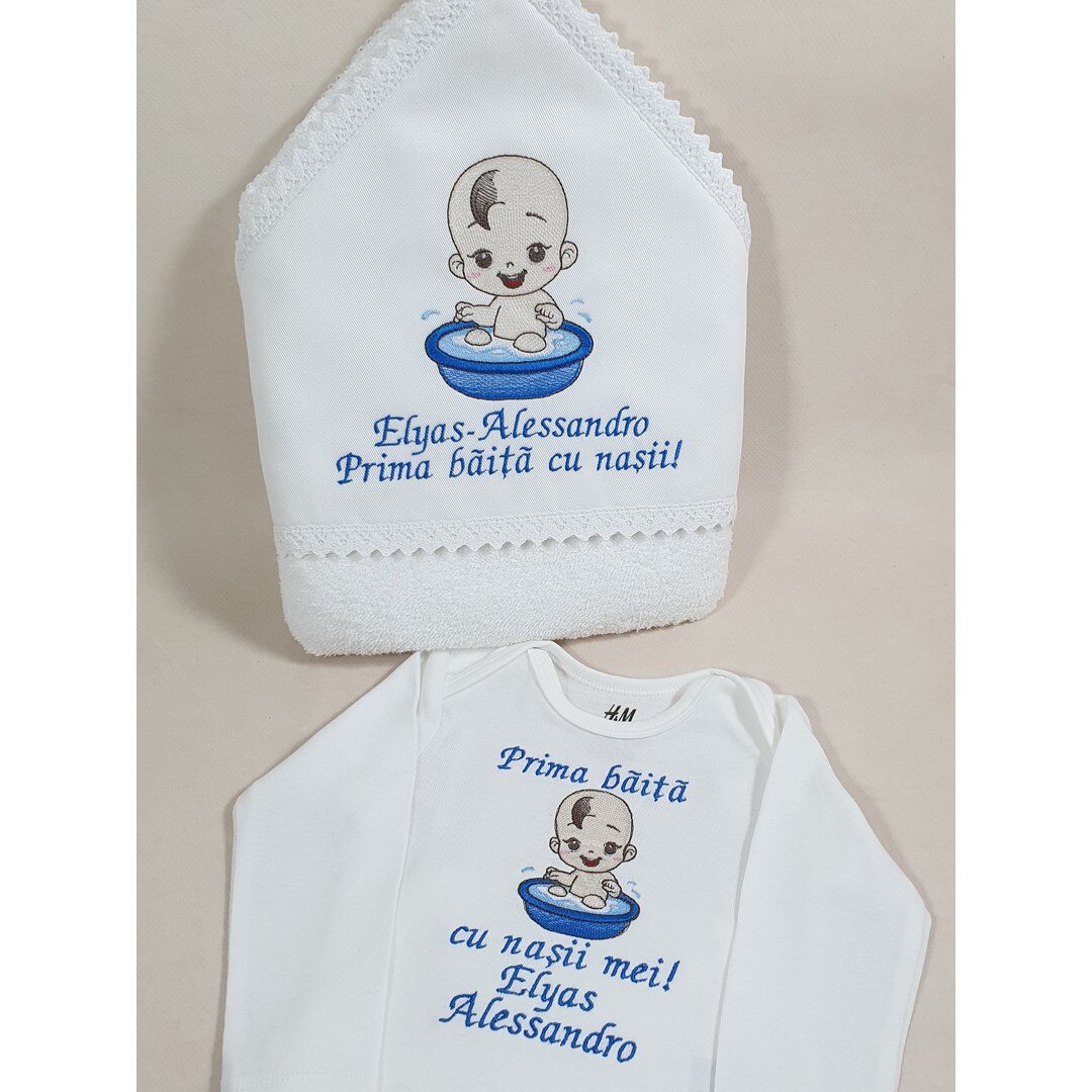 Set Prima baita personalizat prin broderie, Baietel, alb, bumbac 100% ...