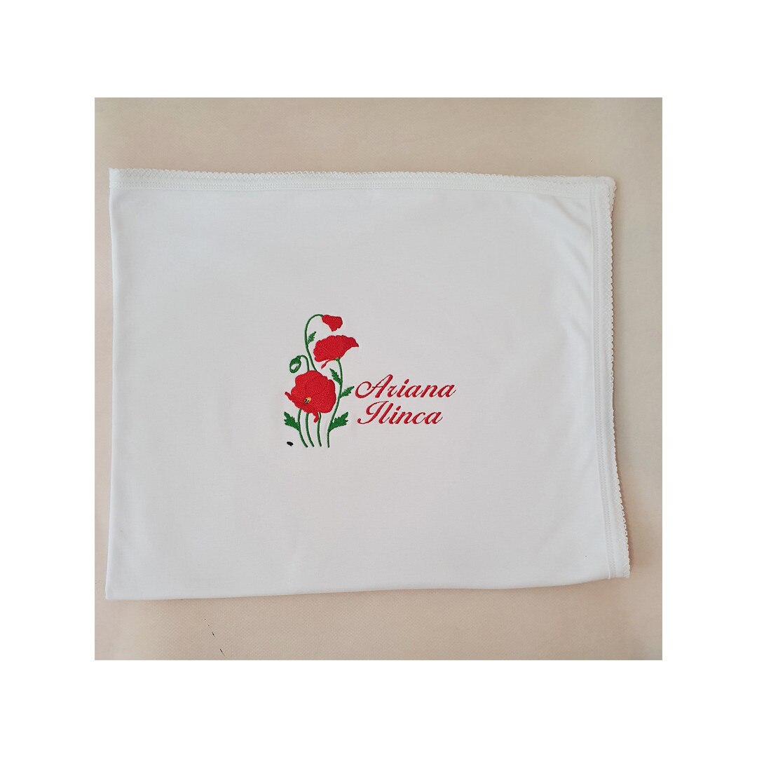 Set personalizat paturica si body, Flori de mac, alb, bumbac 100%, 68 ...