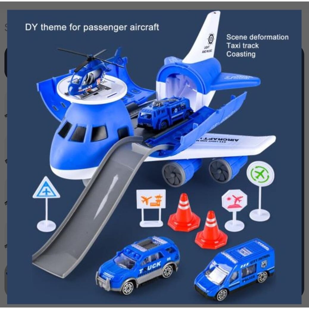 Avion cargo albastru cu 3 masinute, un elicopter, pista si semne de ...