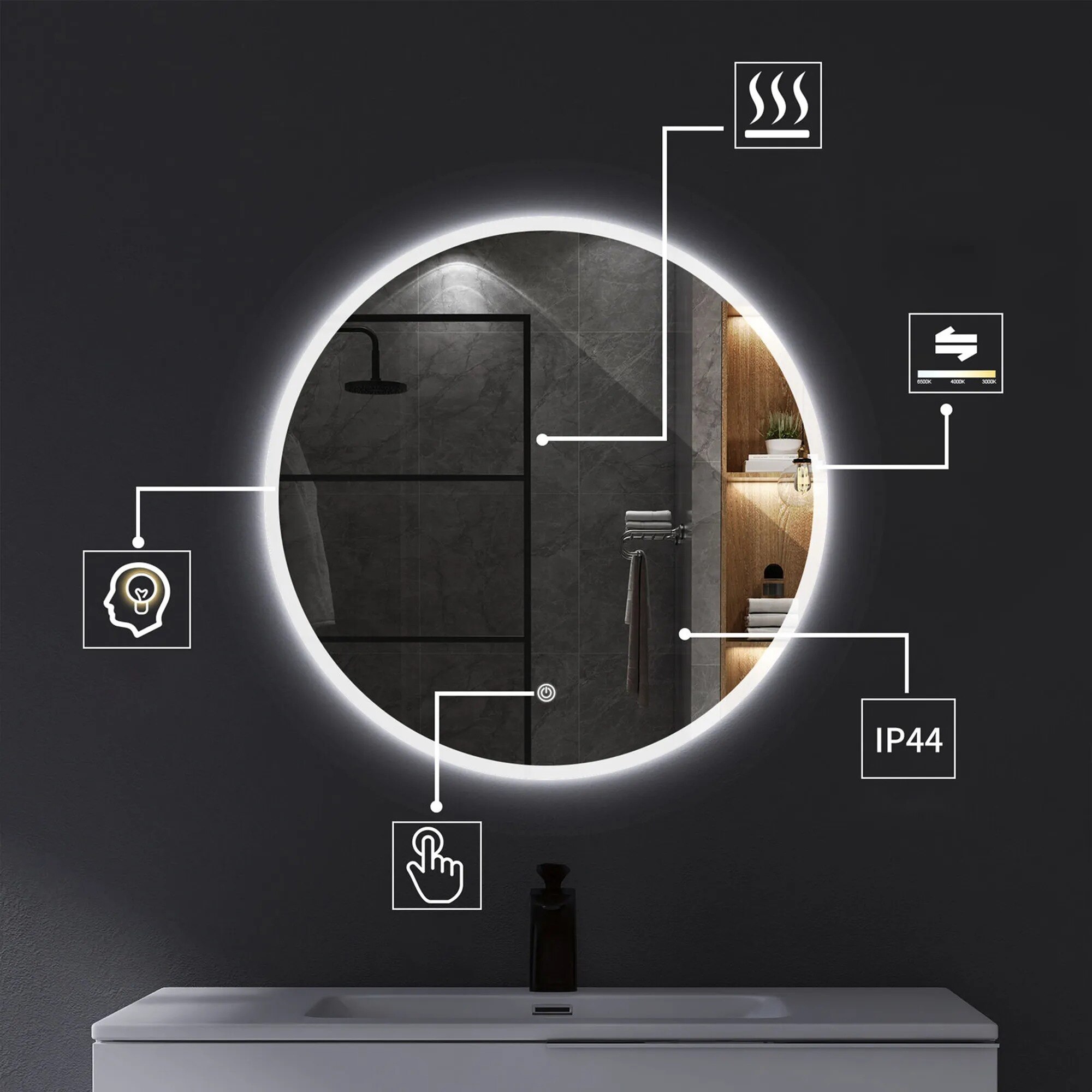 Oglinda Rotunda Perete cu Led, Diametru 80 cm, Ajustare temperatura ...