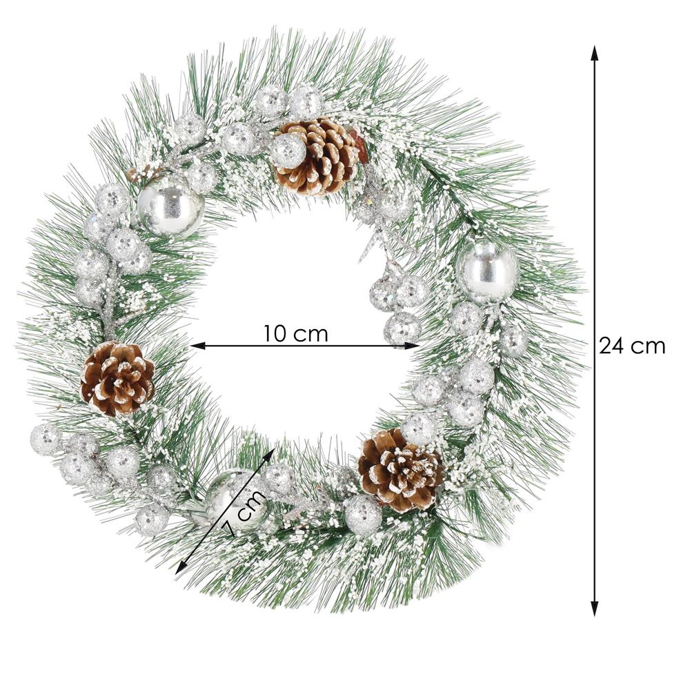 Коледен венец 24 см, изработен от изкуствена ела, с шишарки и сняг ...