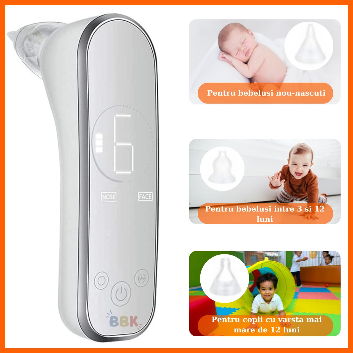 Aspirator Nazal Electric 2 in 1 BBK®, Pentru Bebelusi si Copii, Portabil si Ultra Silentios, 6 ...