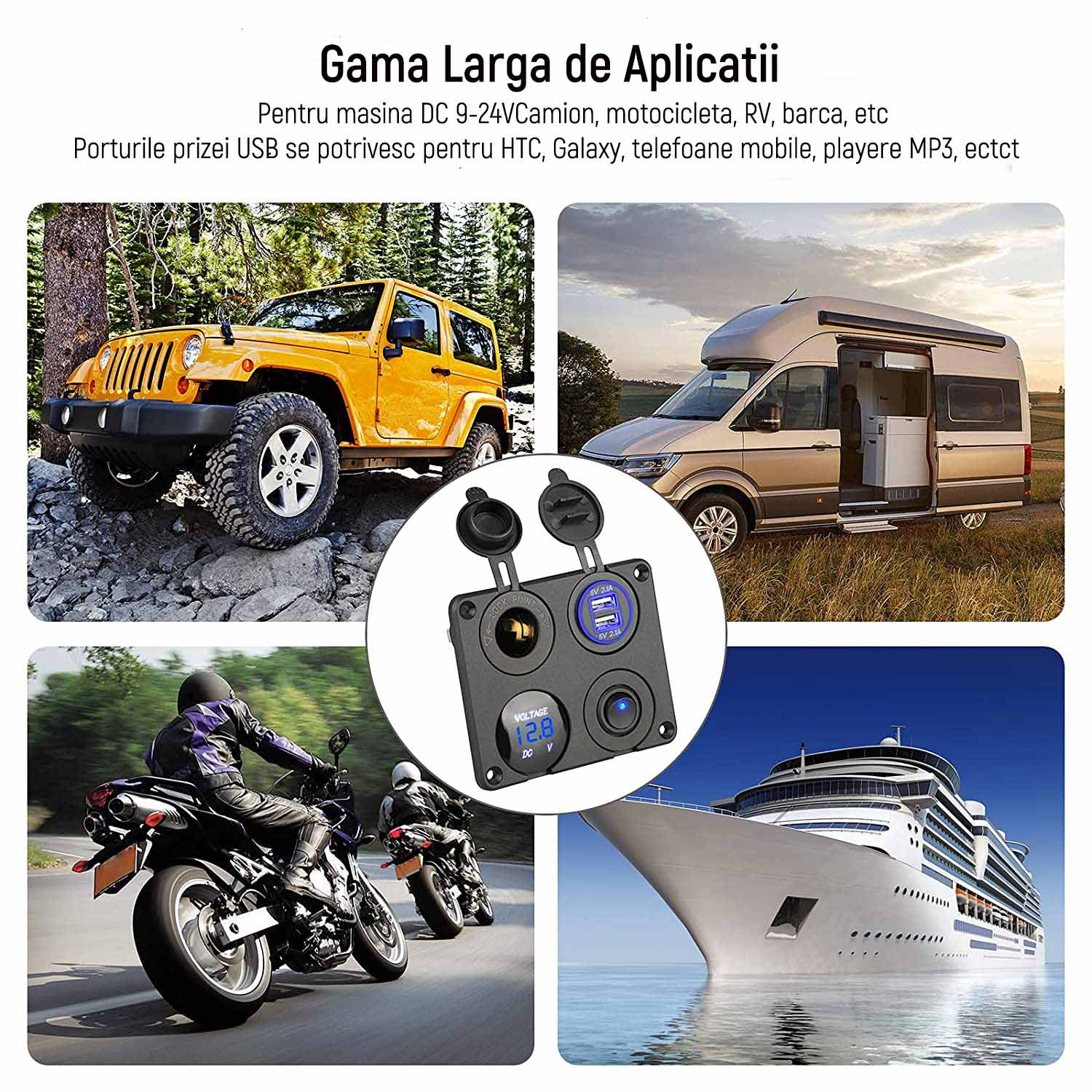 Panou intrerupatoare incarcator auto, 2 x USB, cu voltmetru si bricheta ...