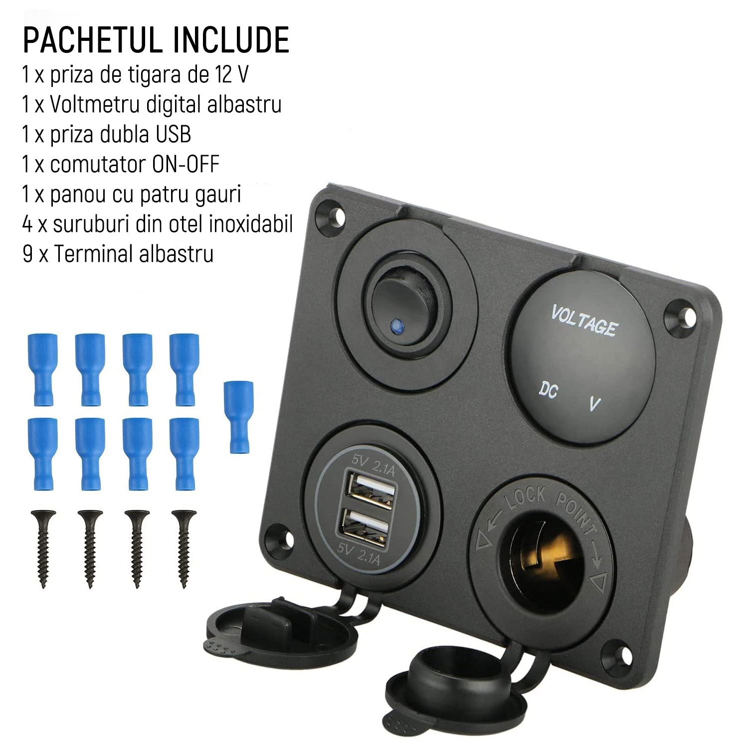 Panou intrerupatoare incarcator auto, 2 x USB, cu voltmetru si bricheta ...