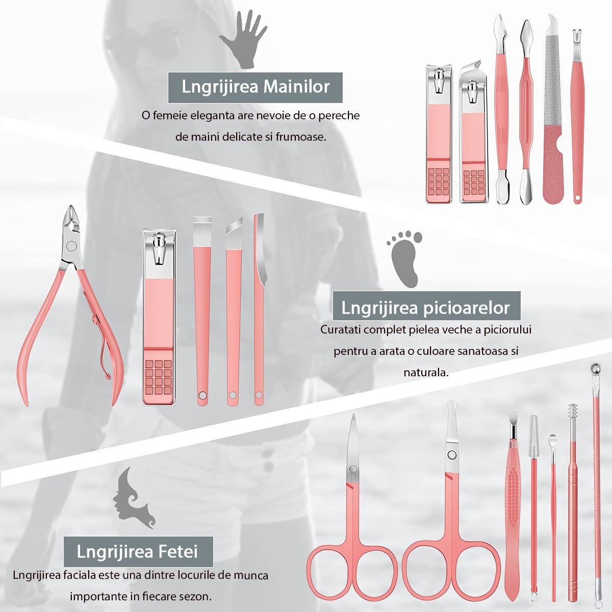 Trusa manichiura profesionala 18 piese, pentru manichiura, pedichiura, cu etui depozitare, Amtok ...