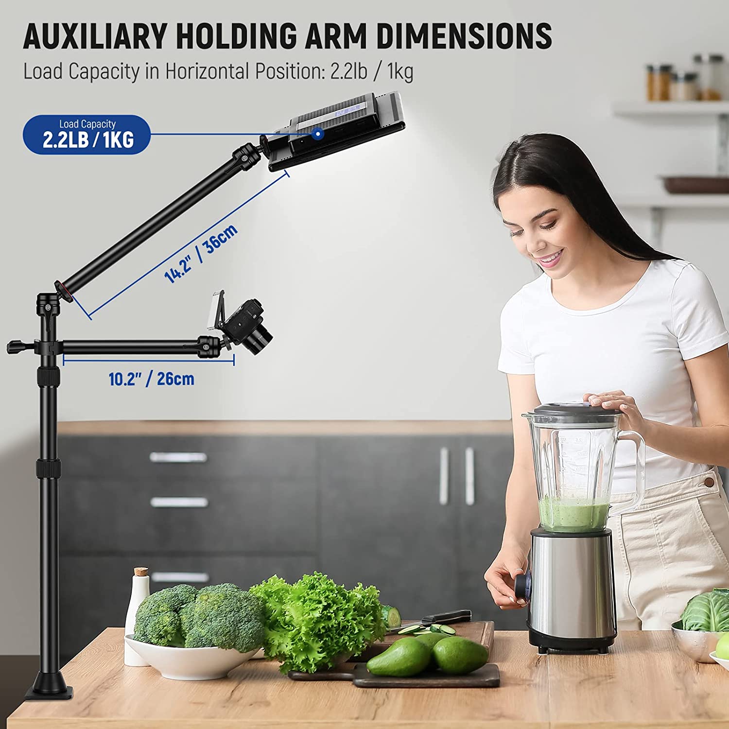 Stativ foto, suport cu 2 brate reglabile, stand telescopic cu prindere ...