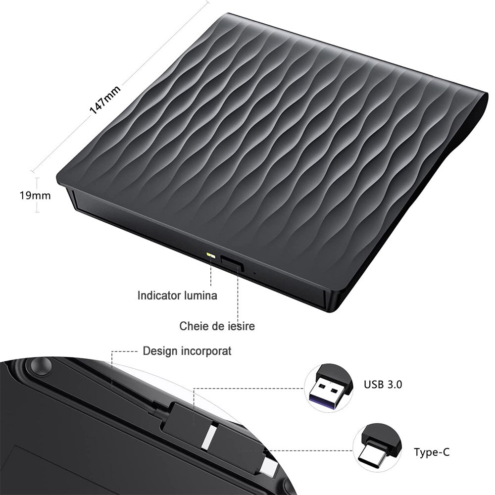 Unitate optica CD/DVD externa, Vaxiuja, USB 3.0/USB-C, CD, DVD +/-, RW ...