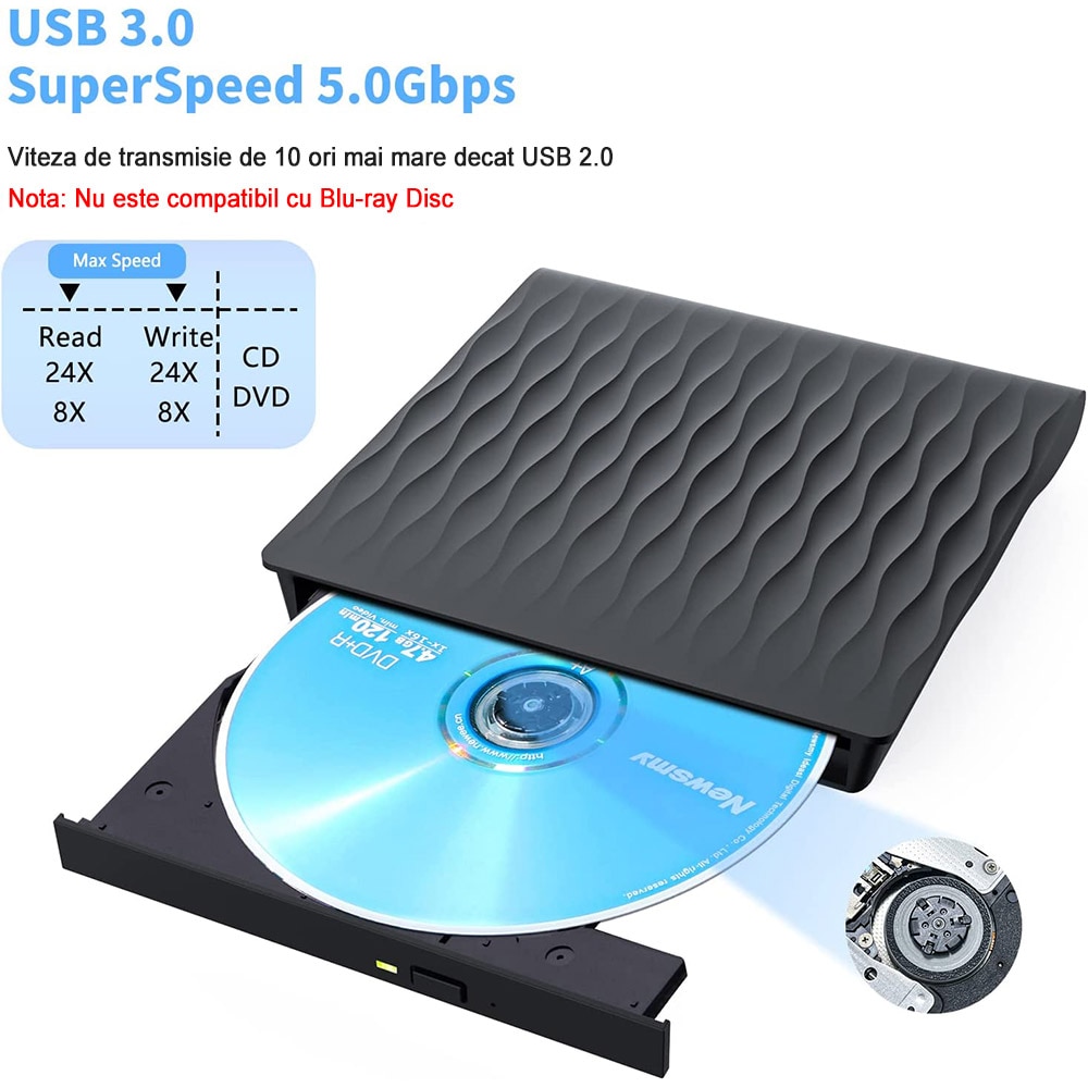 Unitate optica CD/DVD externa, Vaxiuja, USB 3.0/USB-C, CD, DVD +/-, RW ...