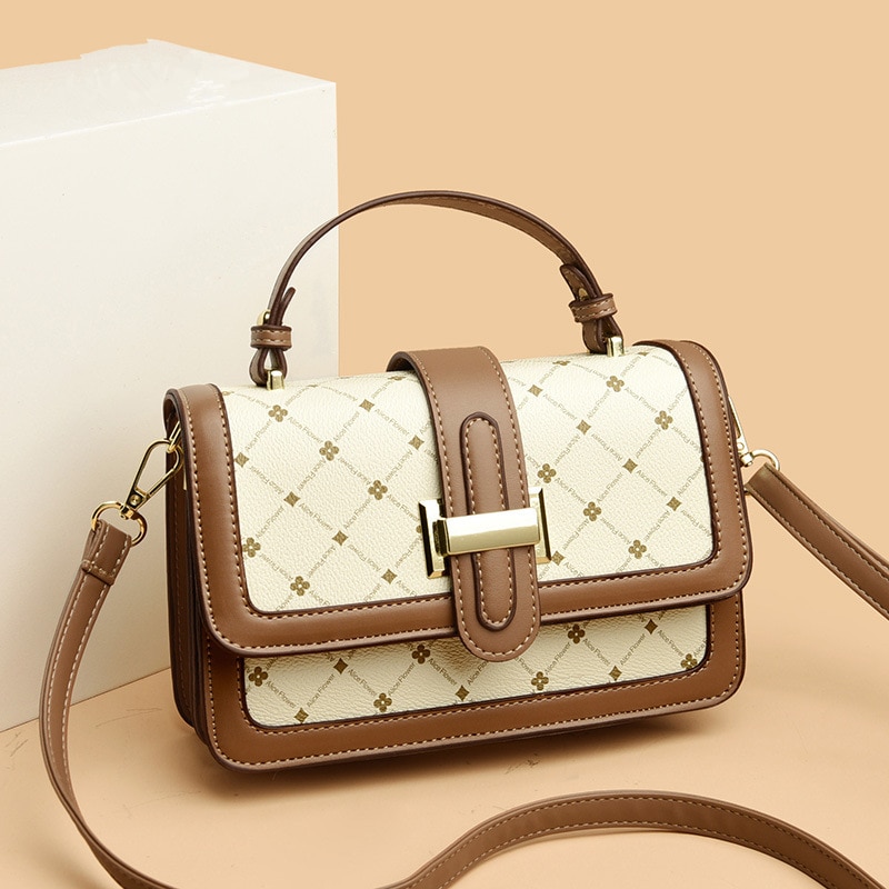 Geanta de umar dama, 21x14x7cm, Poliuretan/Poliester, Alb/Maro - eMAG.ro