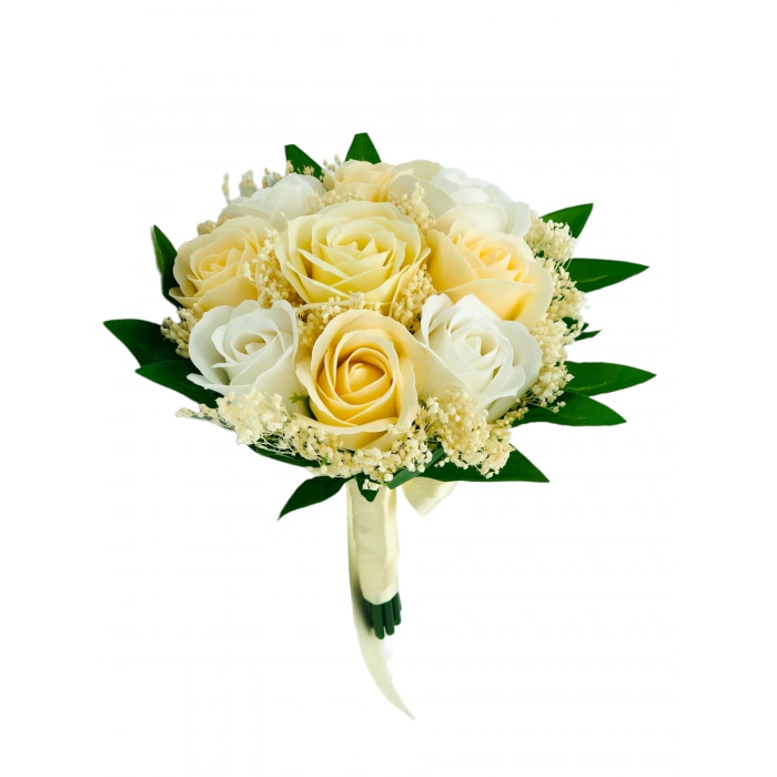 Buchet mic personalizabil cu trandafiri si floarea miresei Crem, Alb ...