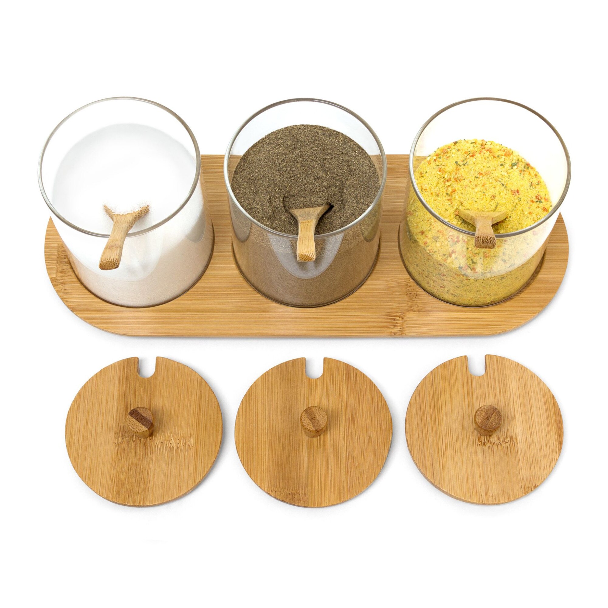 Set 3 recipiente condimente, sticla, suport, capace si lingurite din ...