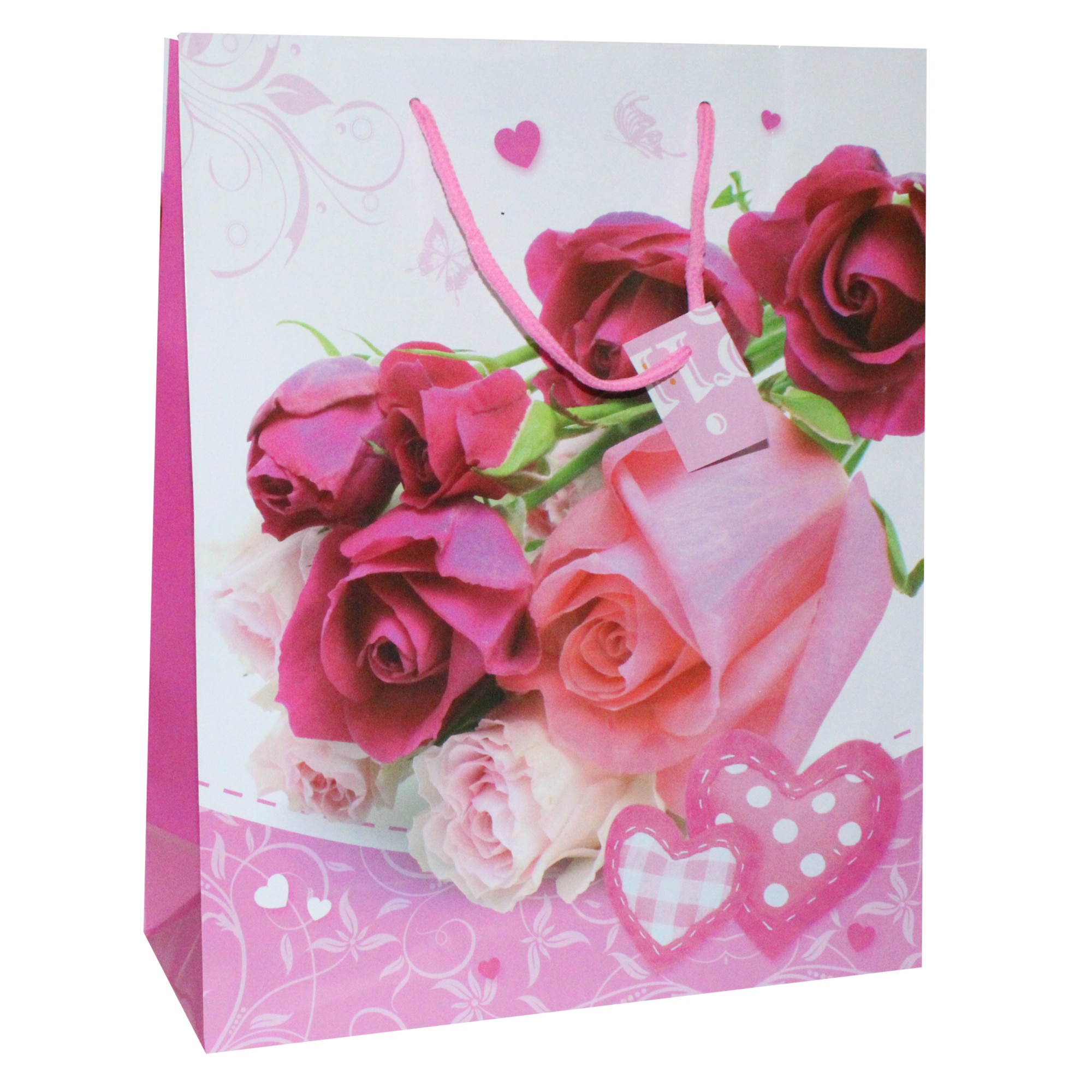 Set 3 Pungi cadou, Trandafiri si inimioare roz, 32x26x10 cm - eMAG.ro
