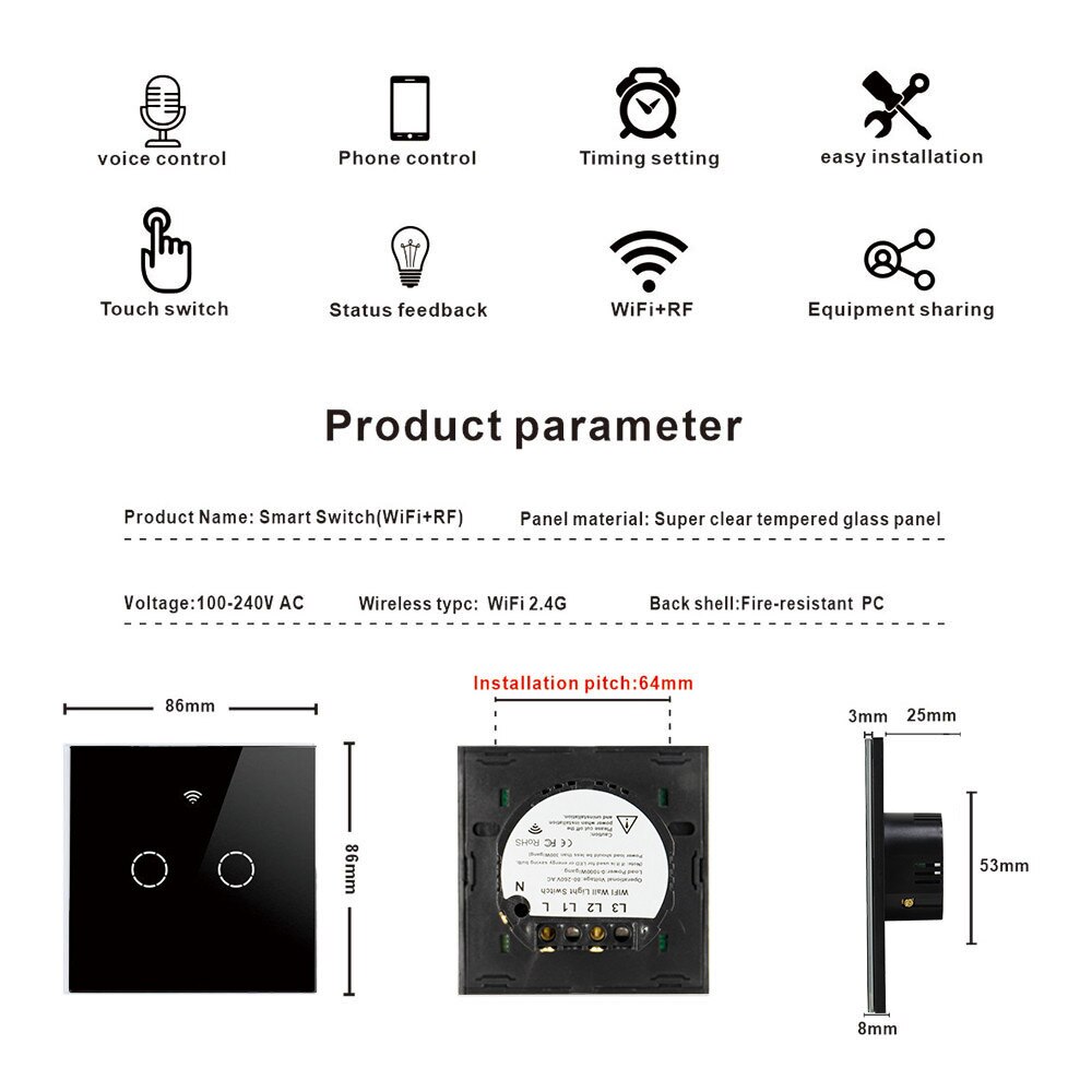 Comutator tactil WiFi inteligent, 2 canale, compatibil cu Alexa, Google ...