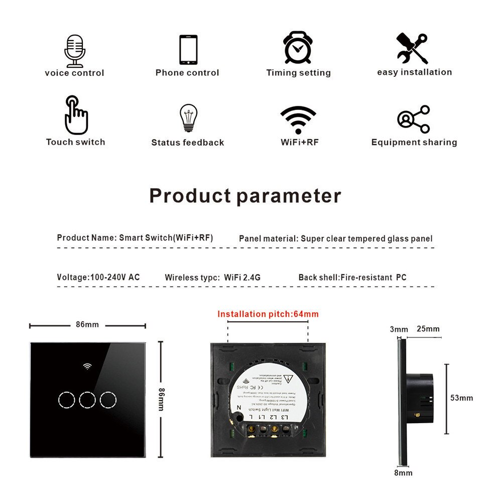 Comutator tactil WiFi inteligent, 3 canale, compatibil cu Alexa, Google ...