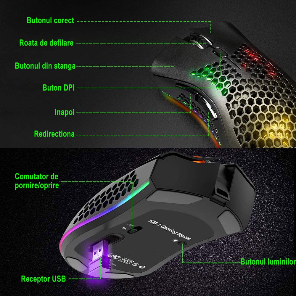 Mouse gaming, Vaxiuja, Wireless, Iluminare RGB, USB, 6 butoane, Design ...