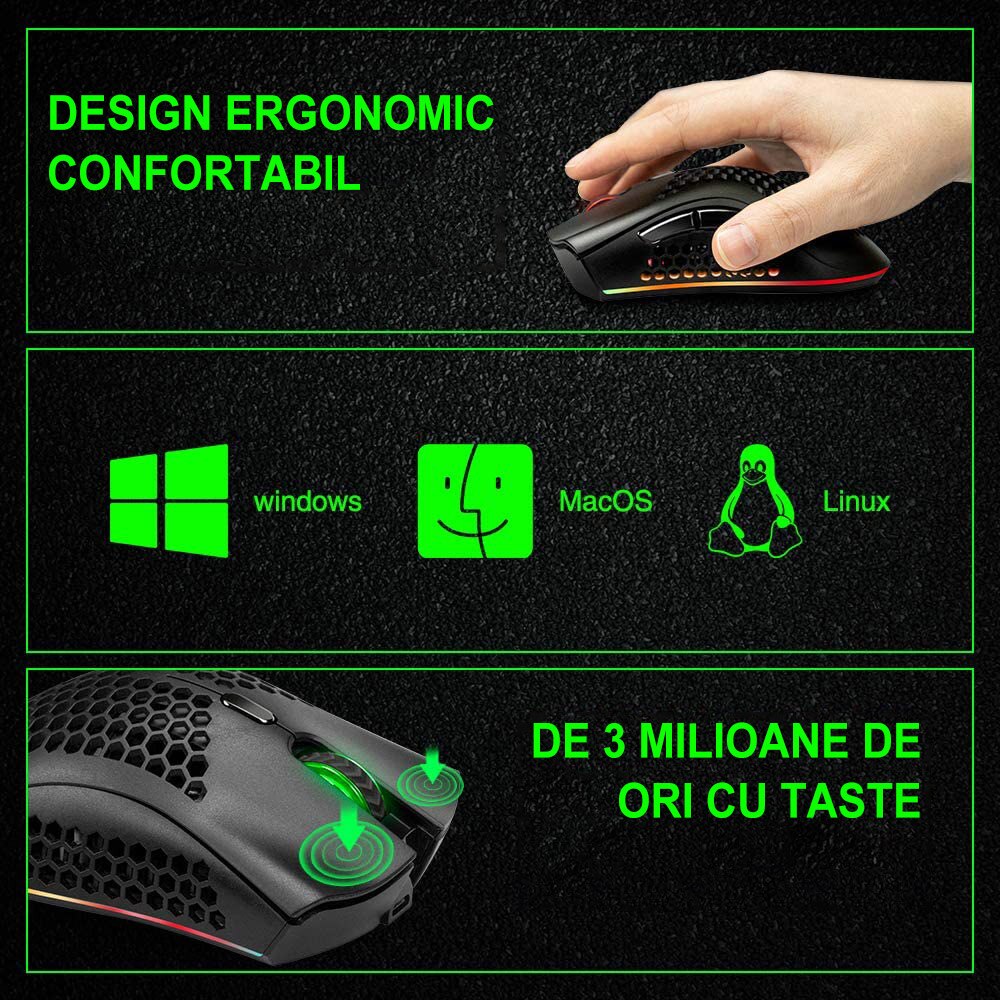 Mouse gaming, Vaxiuja, Wireless, Iluminare RGB, USB, 6 butoane, Design ...