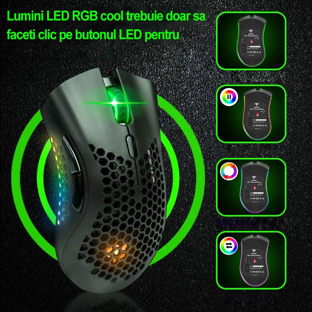 Mouse gaming, Vaxiuja, Wireless, Iluminare RGB, USB, 6 butoane, Design ...