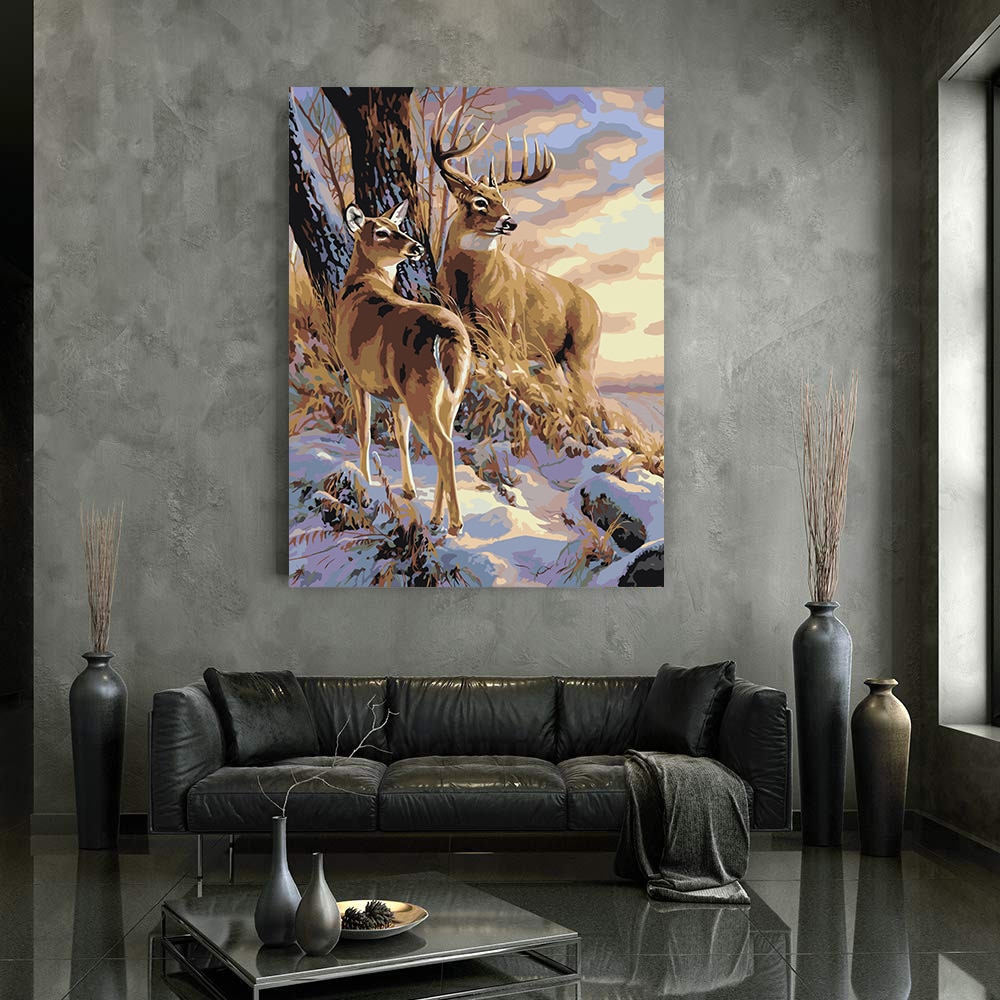 Set pictura pe numere Cerb si caprioara 3079, panza bumbac pe rama lemn ...