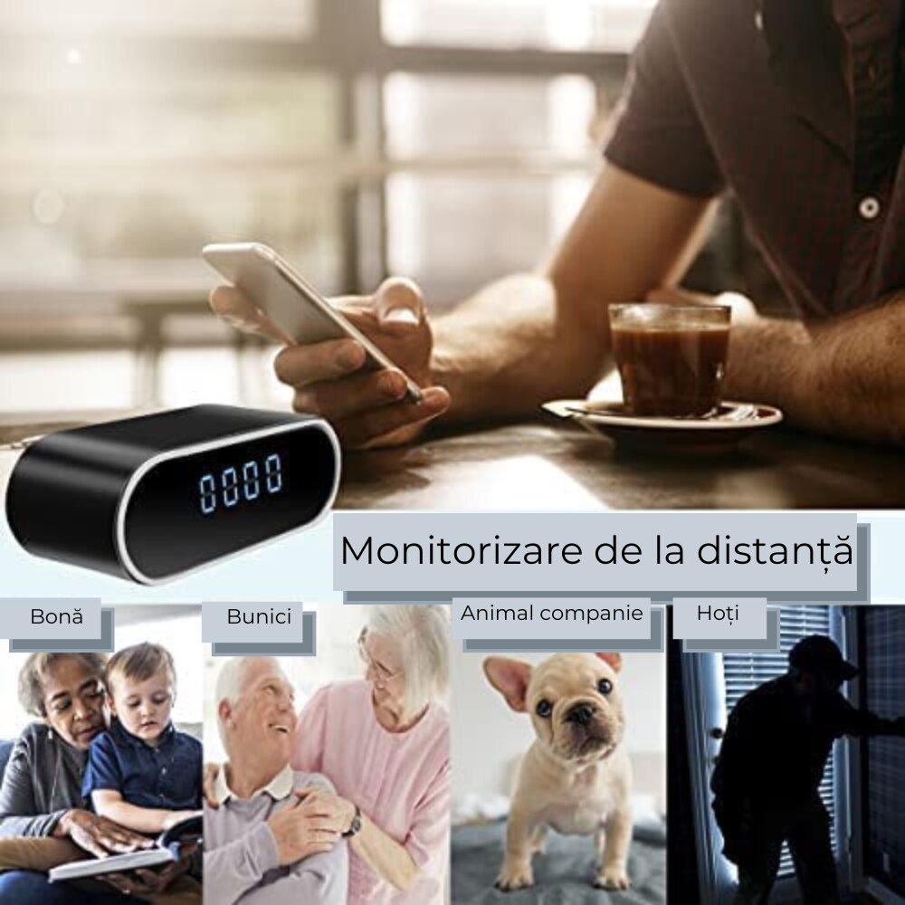 Camera Spy rotunda ascunsa in ceas digital cu alarma, HD, Dispozitiv de ...