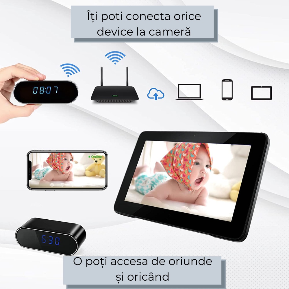 Camera Spy rotunda ascunsa in ceas digital cu alarma, HD, Dispozitiv de ...