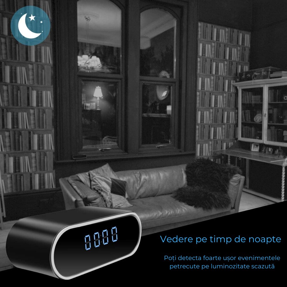 Camera Spy rotunda ascunsa in ceas digital cu alarma, HD, Dispozitiv de ...