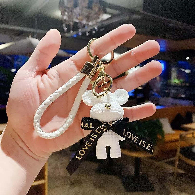 Breloc ursulet cu clopotel si curea impletita, handmade, pentru chei si ...