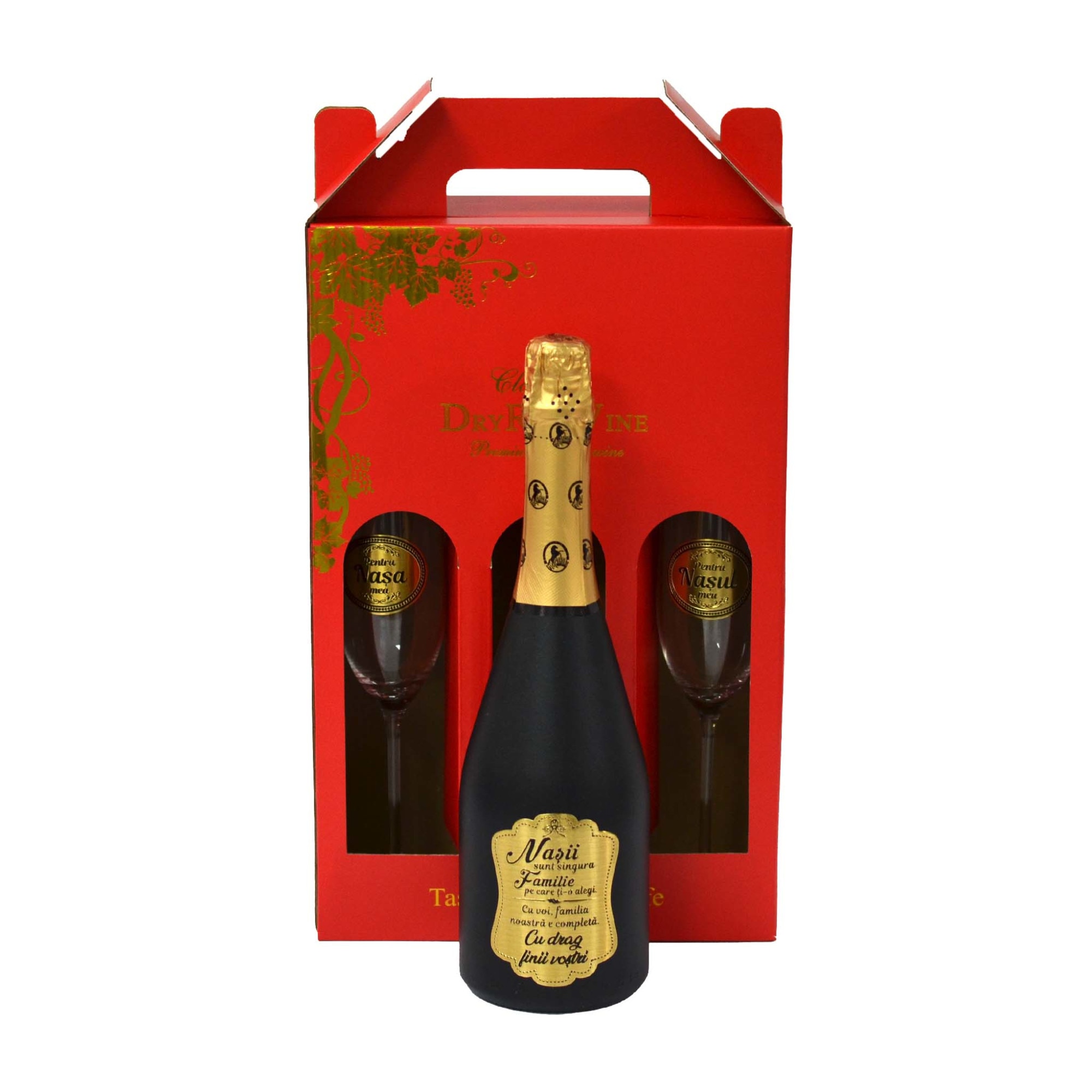 Set sticla de sampanie si 2 pahare cu mesaje pentru nasi - eMAG.ro