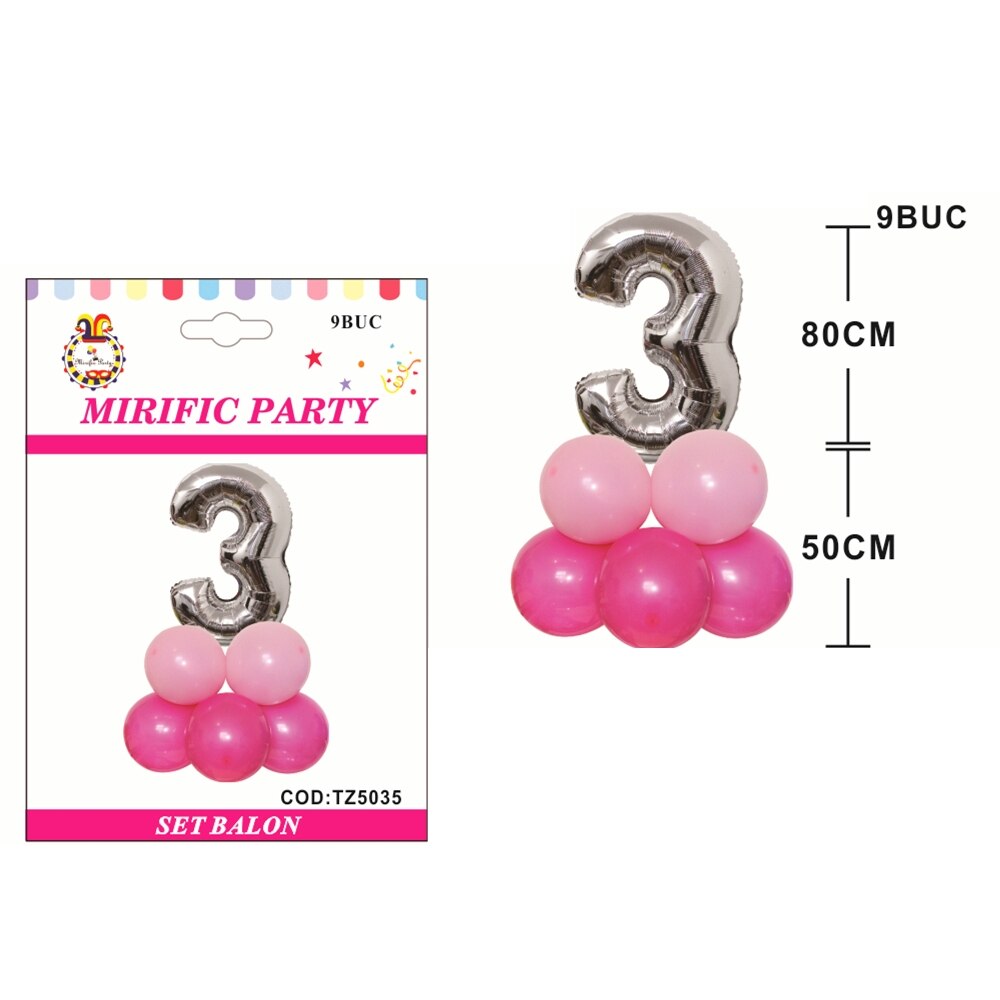 Set aranjament 9 baloane din folie si latex, cifra 3, TZ5035, argintiu ...