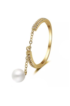 Inel de logodna din argint 925 Gold Pearl auriu cu pietre de zirconiu si perla atasata, reglabil ...