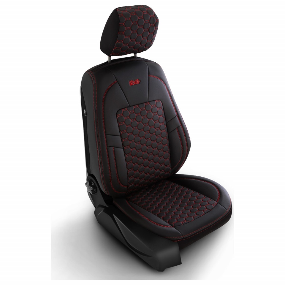 Set huse scaune auto piele ecologica negru cu rosu, universale, fata ...