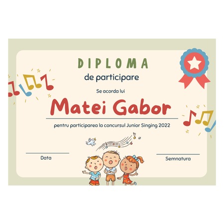 Diploma de participare curs muzica, personalizata cu text pentru copii ...